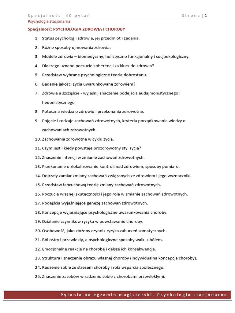 40 Pyt. Psychologia Zdrowia I Choroby | PDF