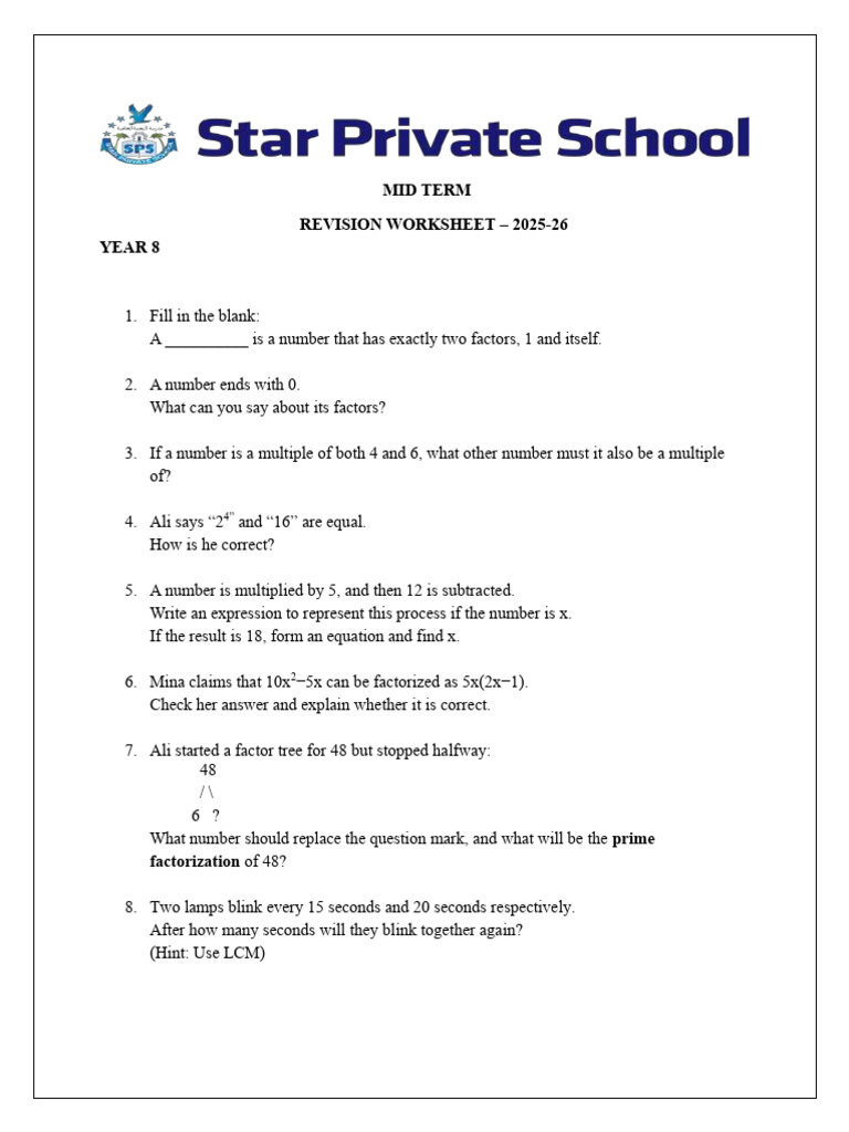 Revision Worksheet - Year 8 | PDF