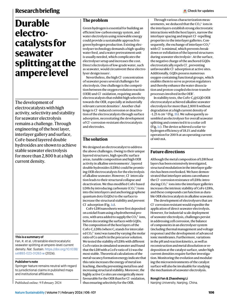 Durable Electrocatalysts For Seawater Splitting at The Ampere Level ...