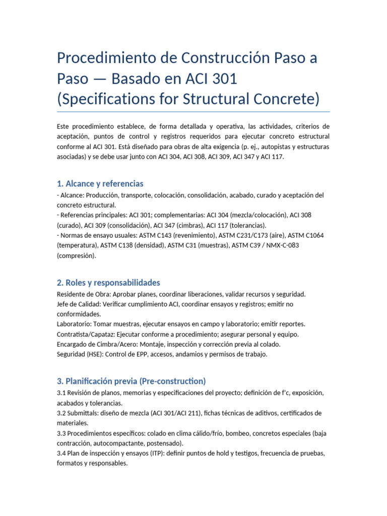 Procedimiento ACI 301 para Concreto Estructural | PDF | Hormigón | Acero