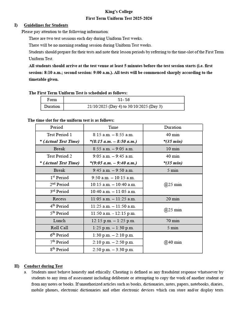 First Term Uniform Test Timetable and Guidelines For Students 1008 | PDF