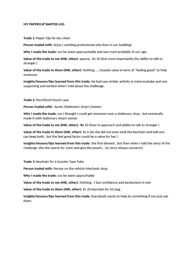 My Paperclip Barter Log (Shiva) | PDF