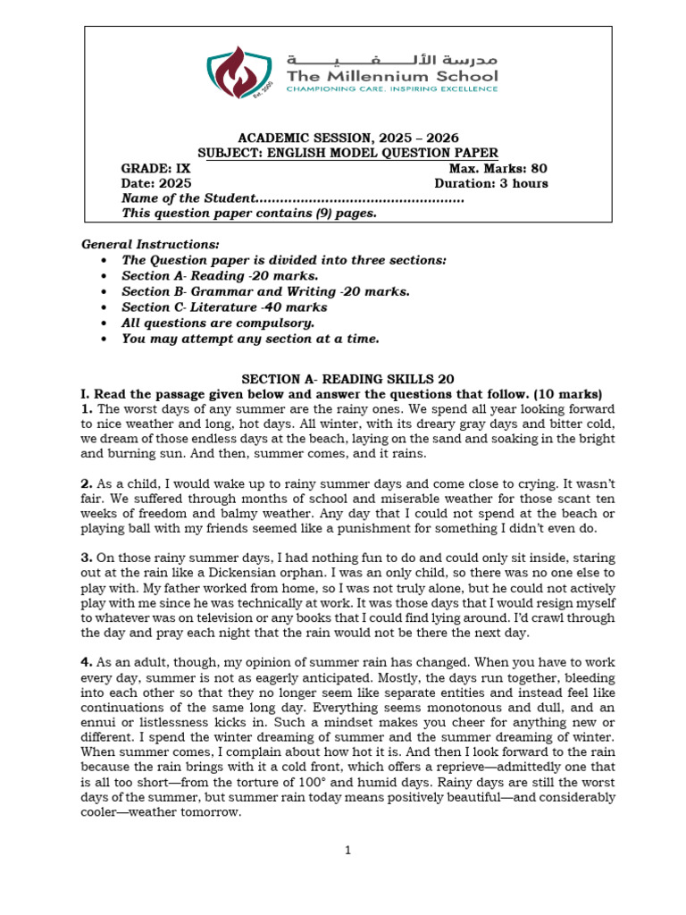 English Model Paper IX 2025-26 | PDF