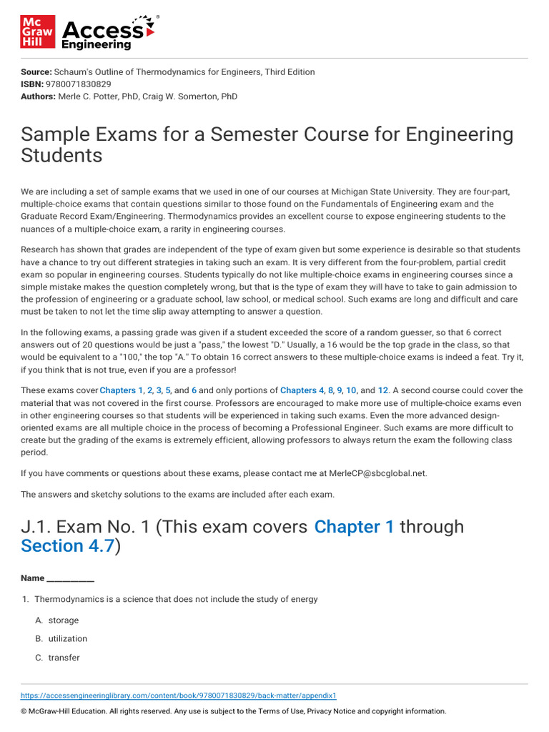 Thermodynamics Sample Exams for Engineers | PDF | Heat | Entropy