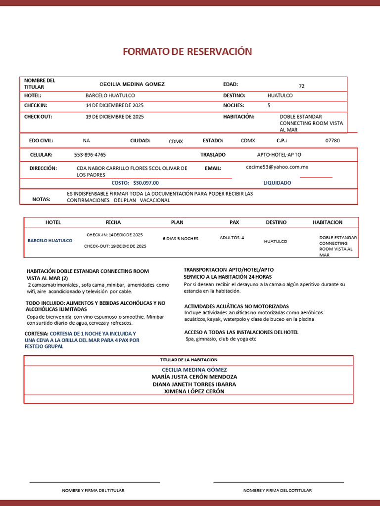 Formato de Reserva Barcelo Huatulco Srita. Cecilia Medina Gomez | PDF