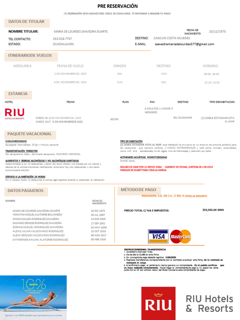 Pre Reservacion Riu Dunamar Srita. Maria de Lourdes Saavedra Duarte ...