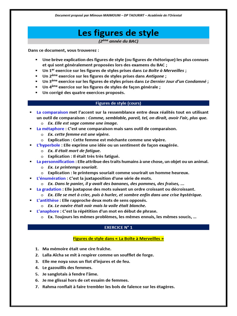 Figures de style : Cours et exercices BAC | PDF