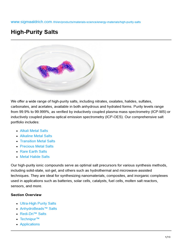 High Purity Salts | PDF | Nanomaterials | Salt (Chemistry)