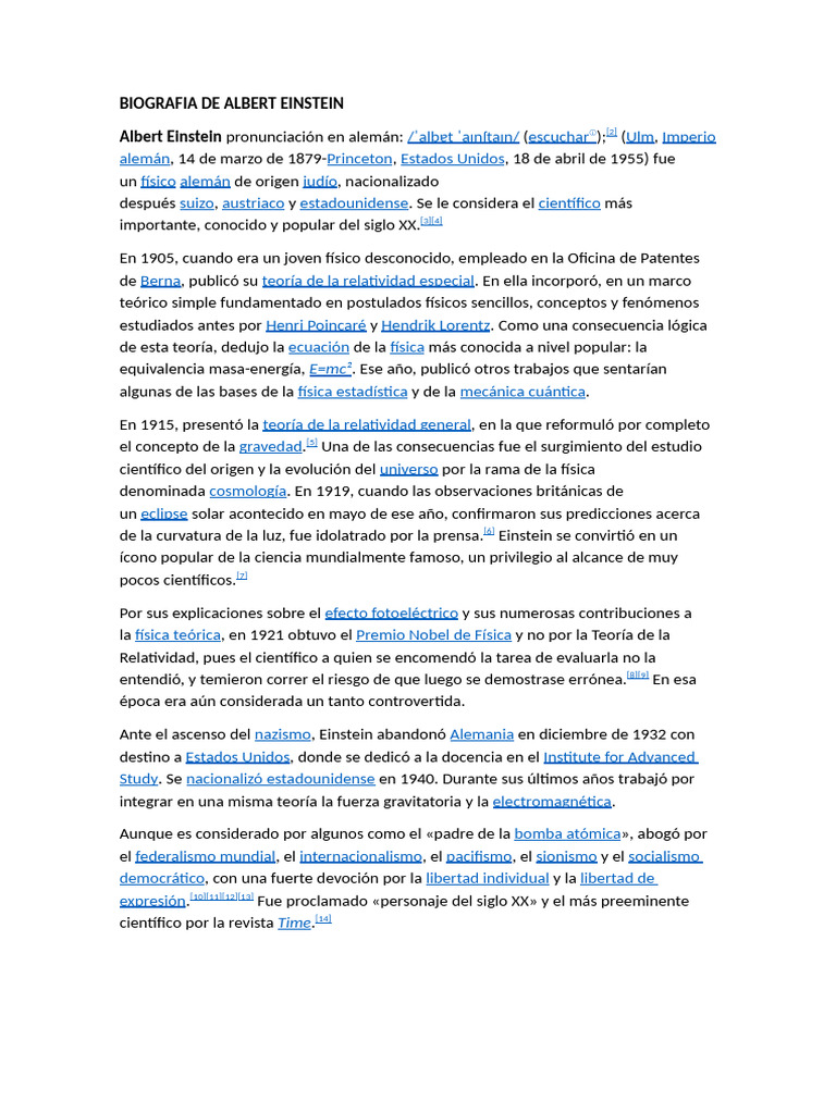 Biografía de Albert Einstein: Genio Científico | PDF | Albert Einstein ...