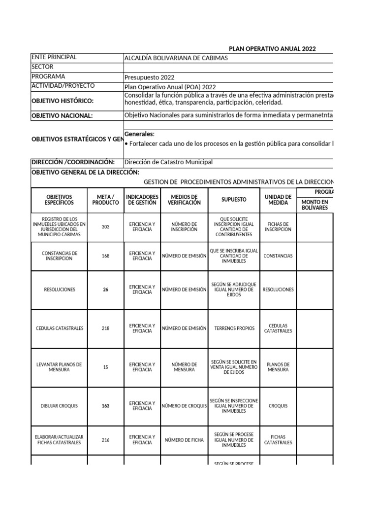 Plan Operativo - Catastro-2020 | PDF | Presupuesto | Gobierno