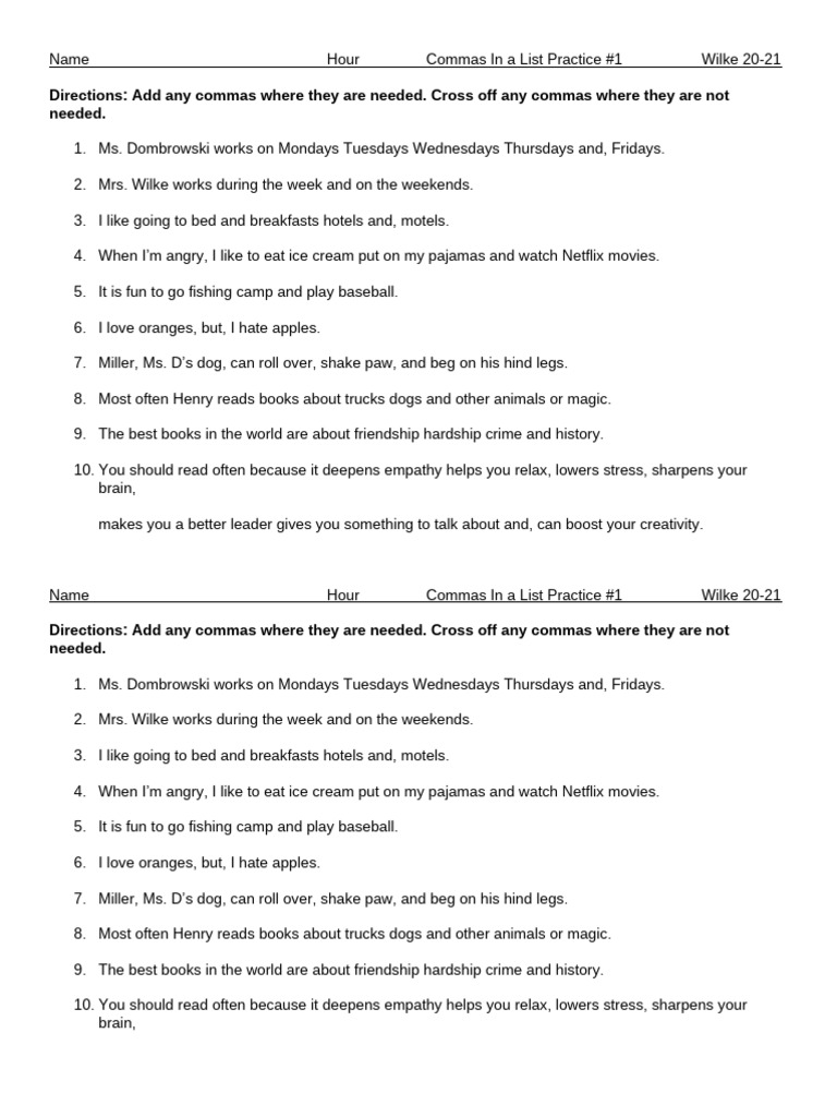 Commas in A List Practice #1 | PDF