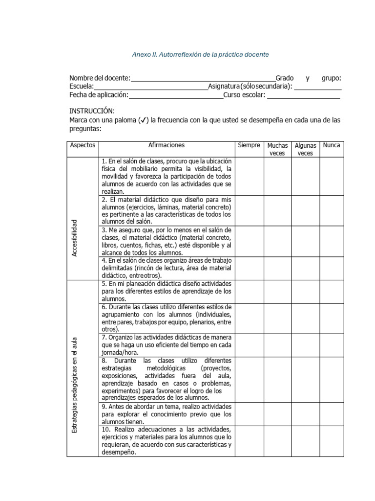 Anexo II. Autorreflexión de La Práctica Docente, SEGEY 2020 | PDF ...