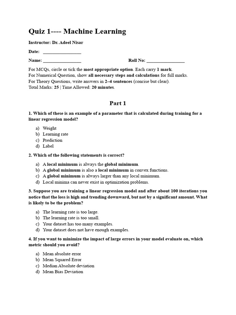 AI-802 (Quiz - 1) | PDF | Mean Squared Error | Errors And Residuals
