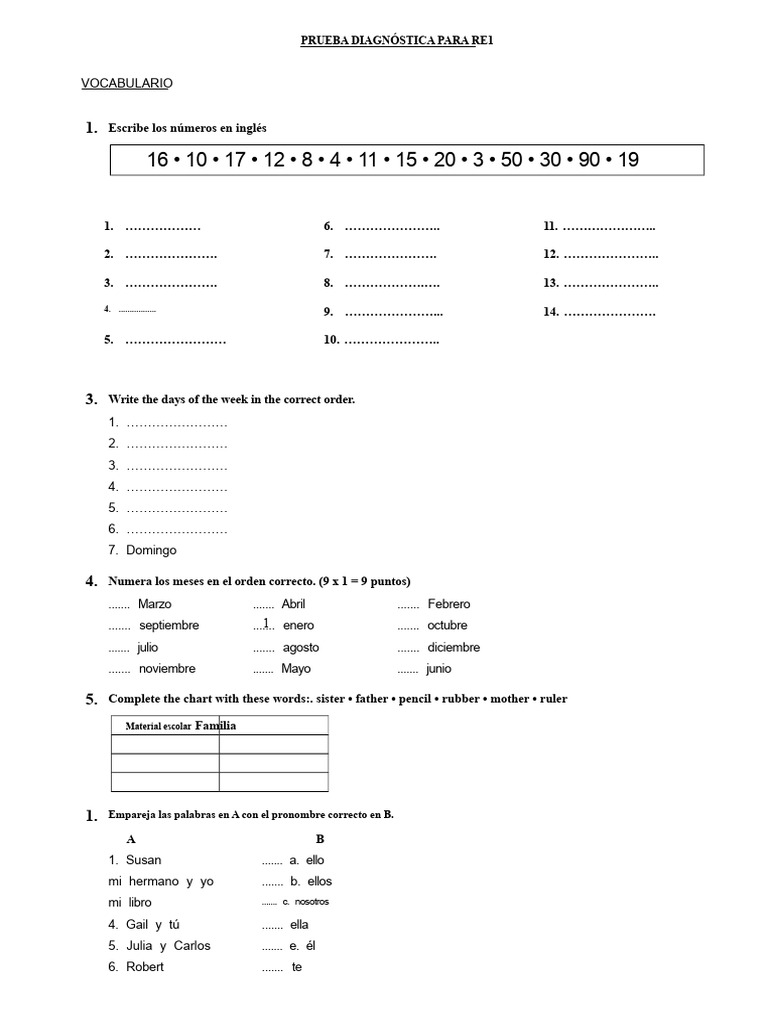 Prueba de Inglés: Vocabulario y Gramática | PDF