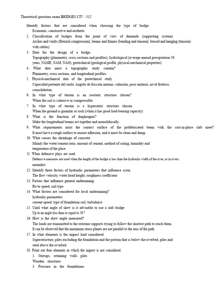 Theoretical Questions Exam BRIDGES CIV | PDF | Foundation (Engineering ...