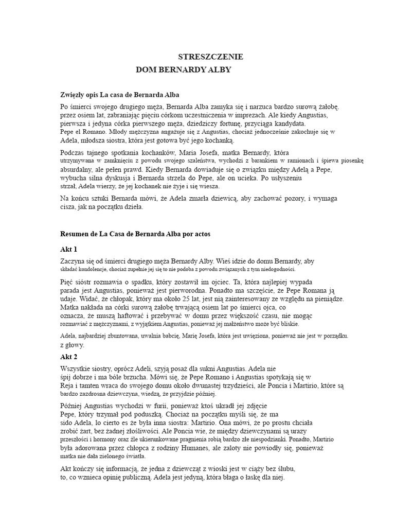 Streszczenie "Dom Bernardy Alba" PDF | PDF