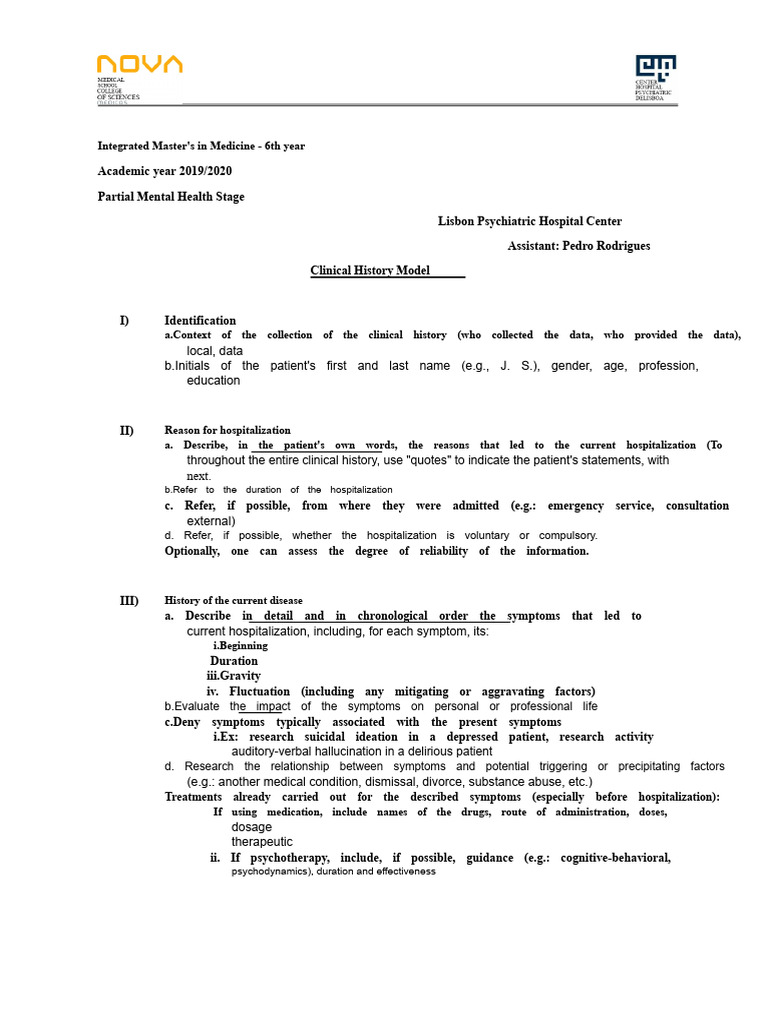 Clinical History Model for Psychiatry | PDF | Psychiatry | Substance Abuse