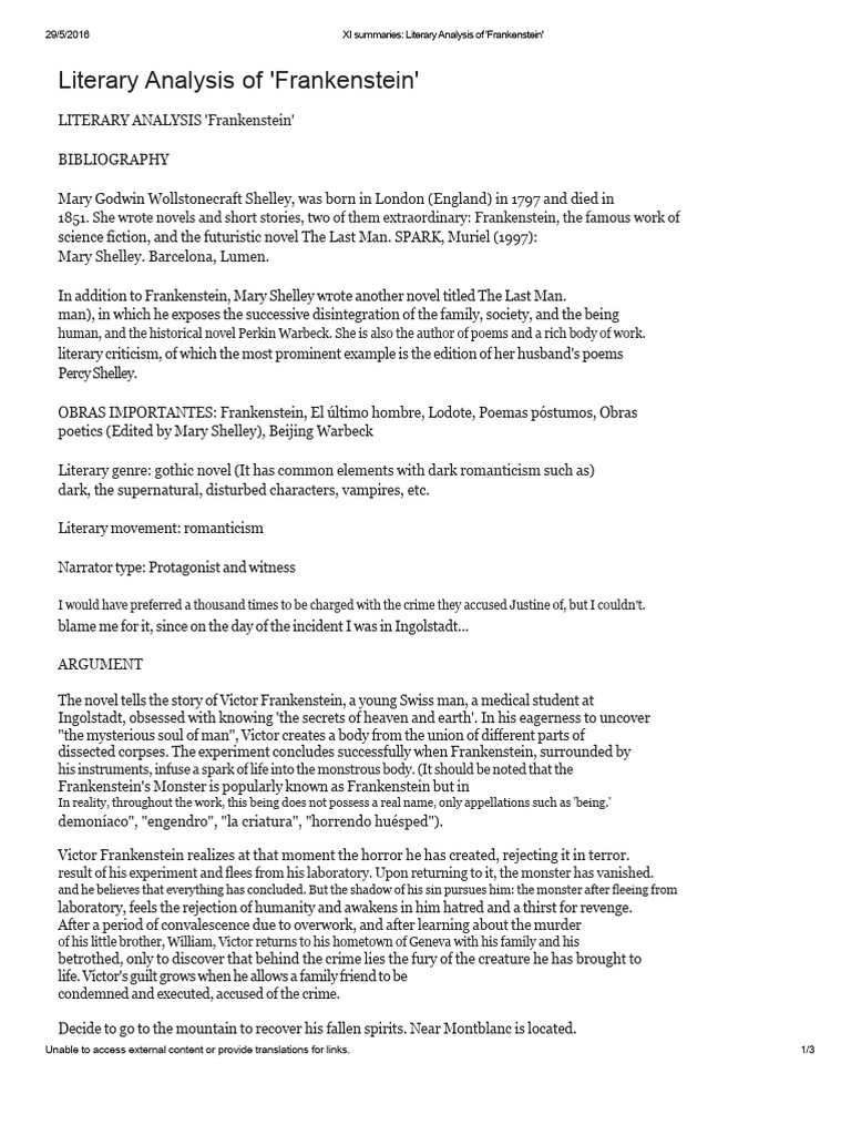 Literary Analysis of - Frankenstein | PDF | Frankenstein | Mary Shelley