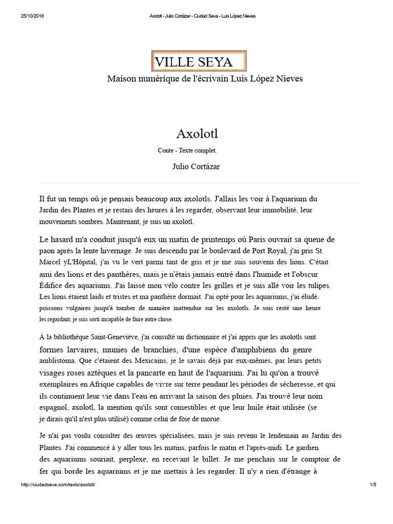 Axolotl de Julio Cortázar : Analyse et Réflexion | PDF