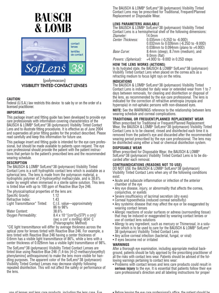 SofLens 38 Info Sheet | PDF | Contact Lens | Human Eye