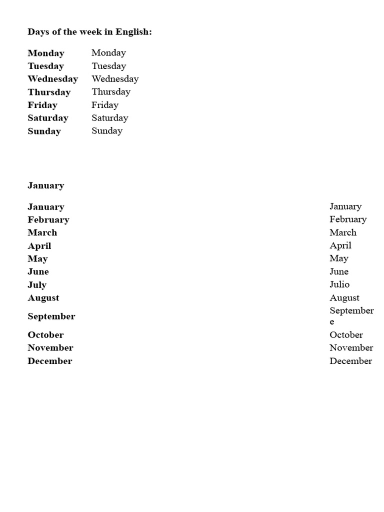 Days of the Week in English | PDF