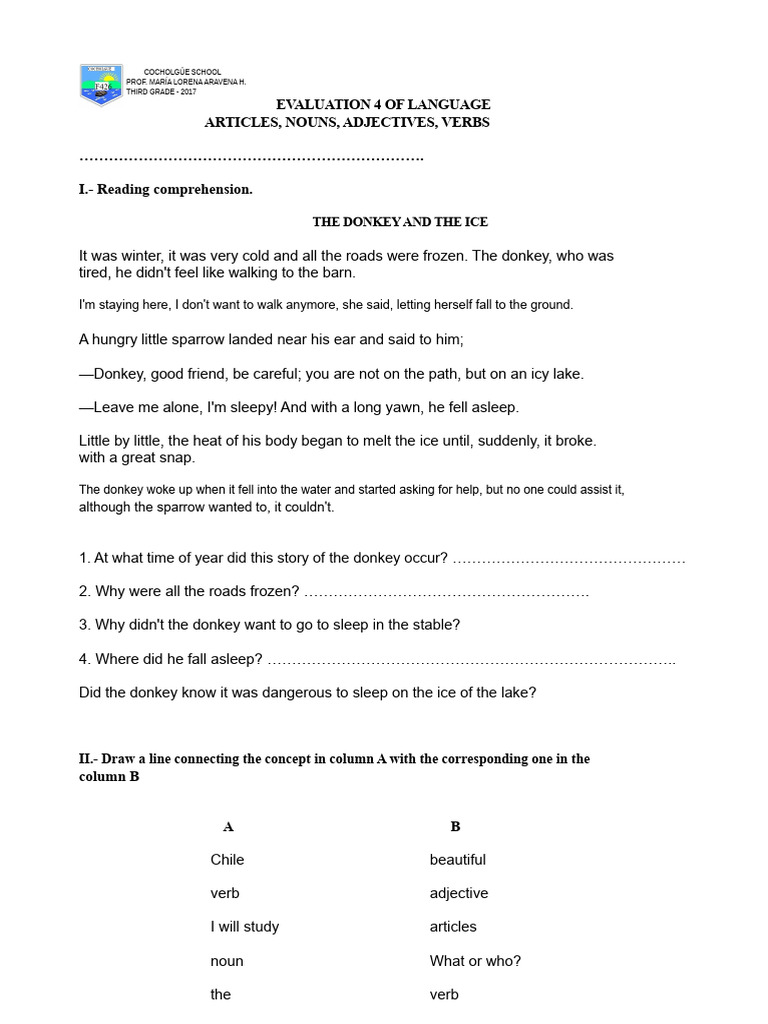 Assessment 4 of Language Articles Nouns Adjectives | PDF | Adjective | Verb