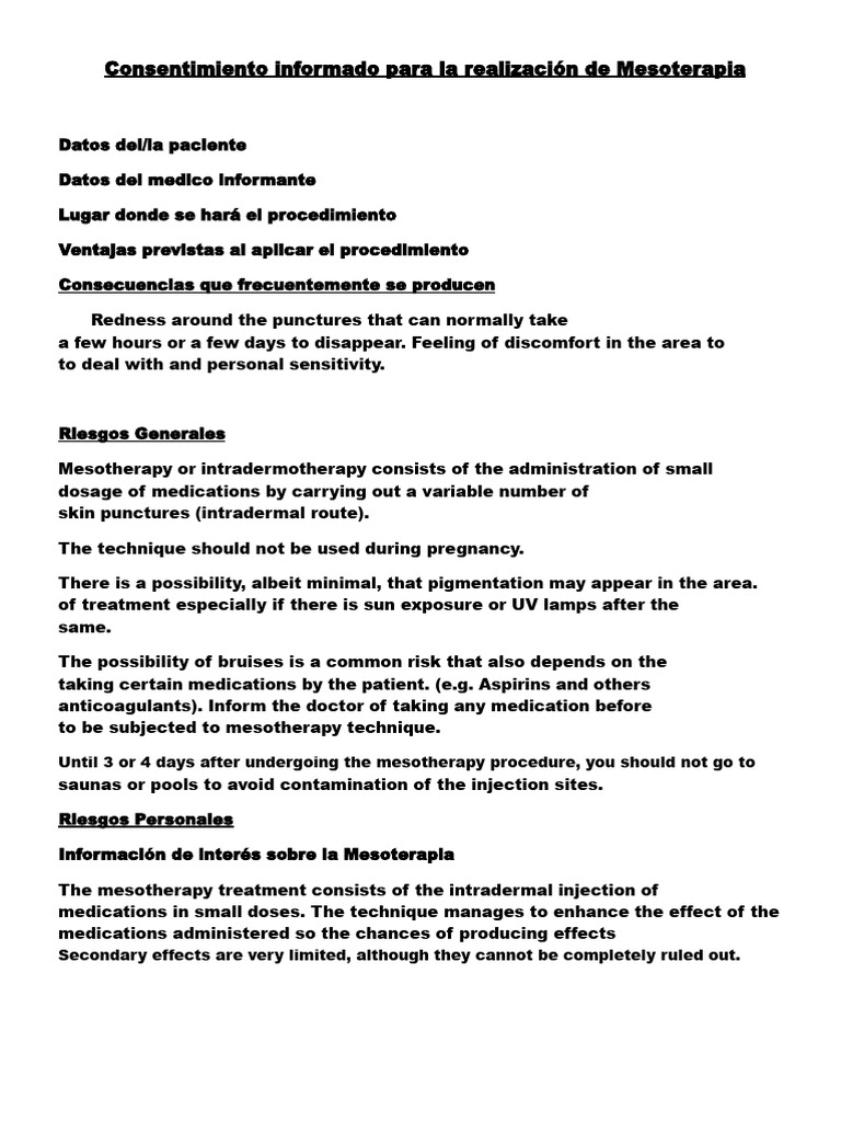 Mesotherapy Informed Consent Form | PDF | Injection (Medicine ...