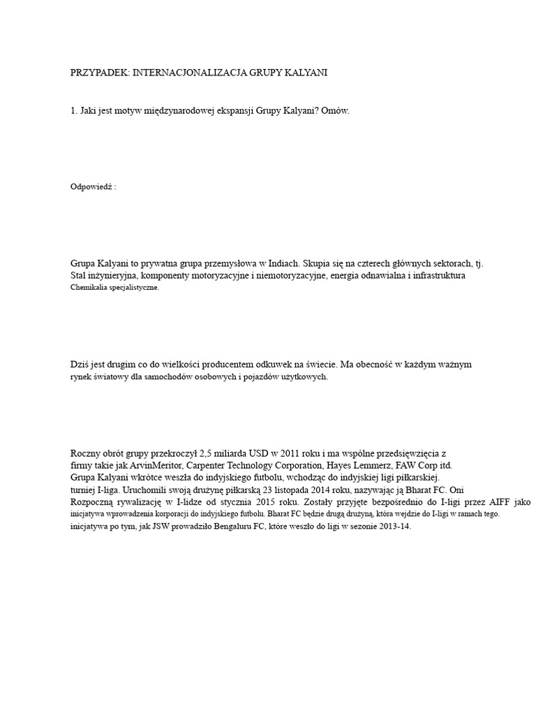 Przypadek Internacjonalizacji Grupy Kalyani | PDF