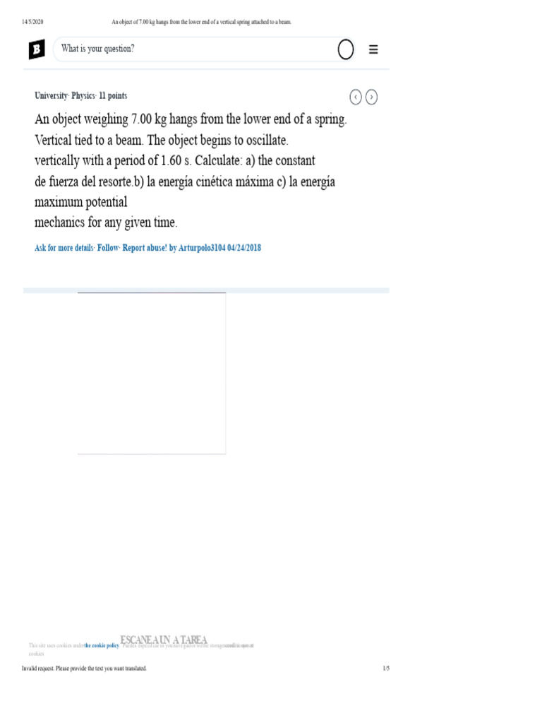An Object Weighing 7.00 KG Hangs From The Lower End of A Vertical ...