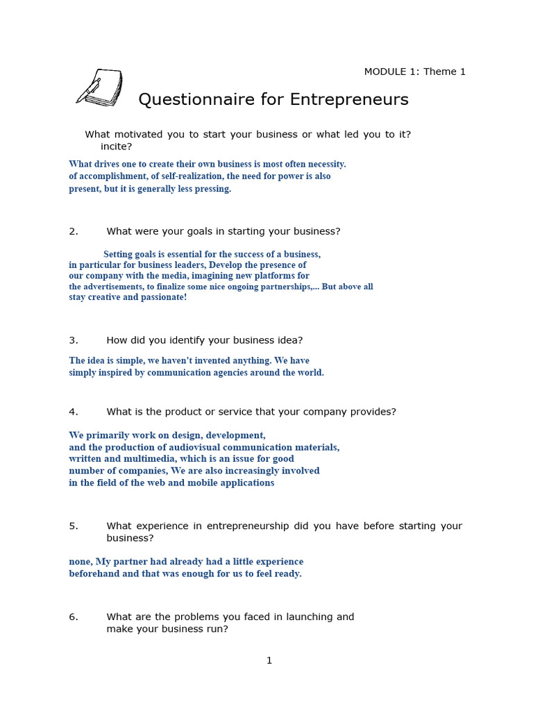 Questionnaire For Entrepreneurs | PDF | Entrepreneurship | Business