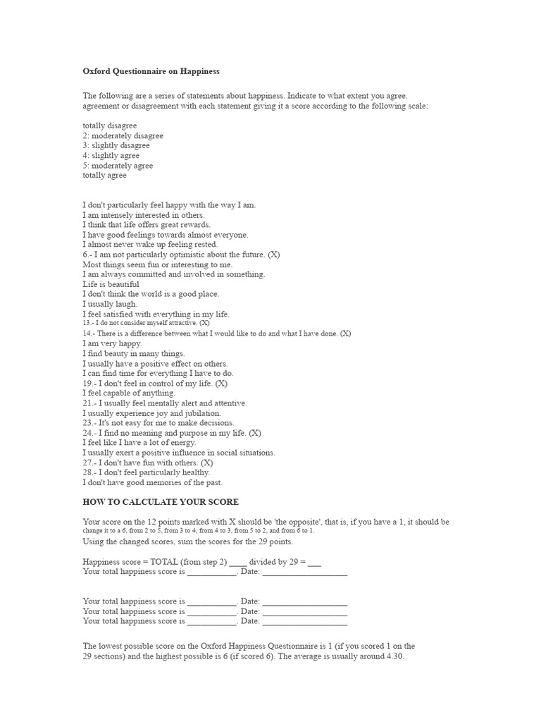 Oxford Happiness Questionnaire Score Guide | PDF