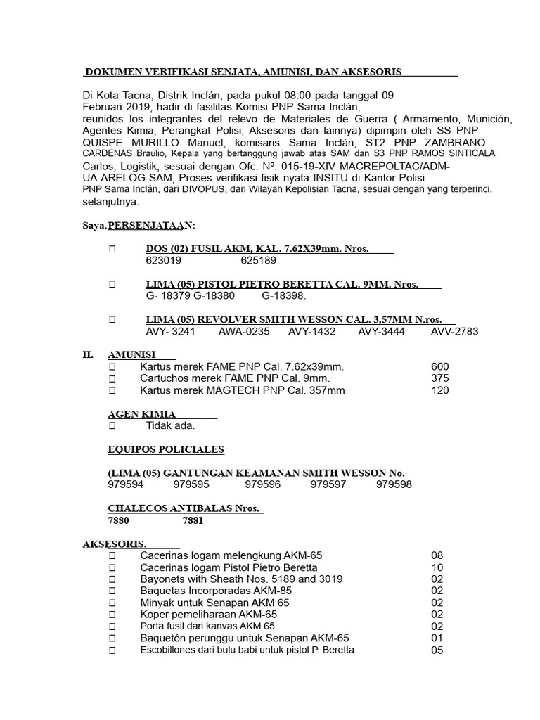 Berita Acara Verifikasi Senjata Dan Amunisi Serta Peralatan | PDF