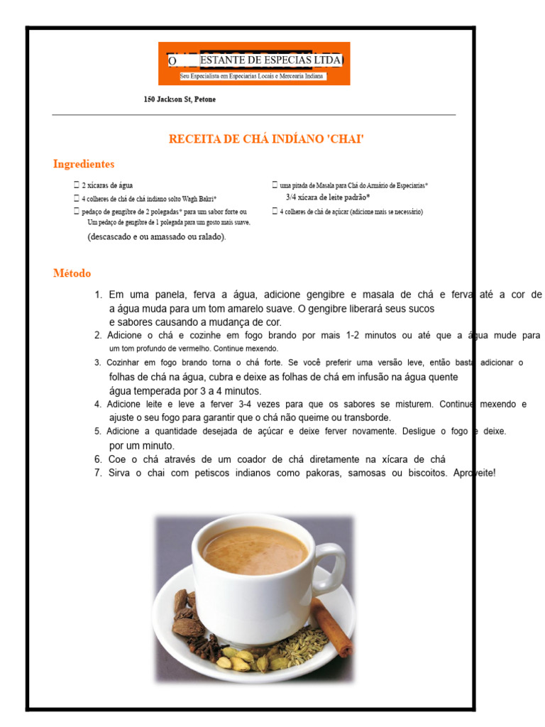 Receita de Chá Indiano Chai | PDF | Alimentos