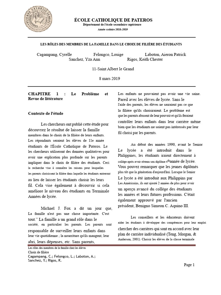 Rôle de la famille dans le choix de filière | PDF | Technologies de l ...