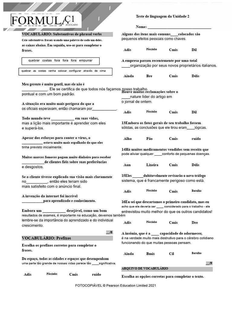 Fórmula C1 Unidade 2 Test | PDF