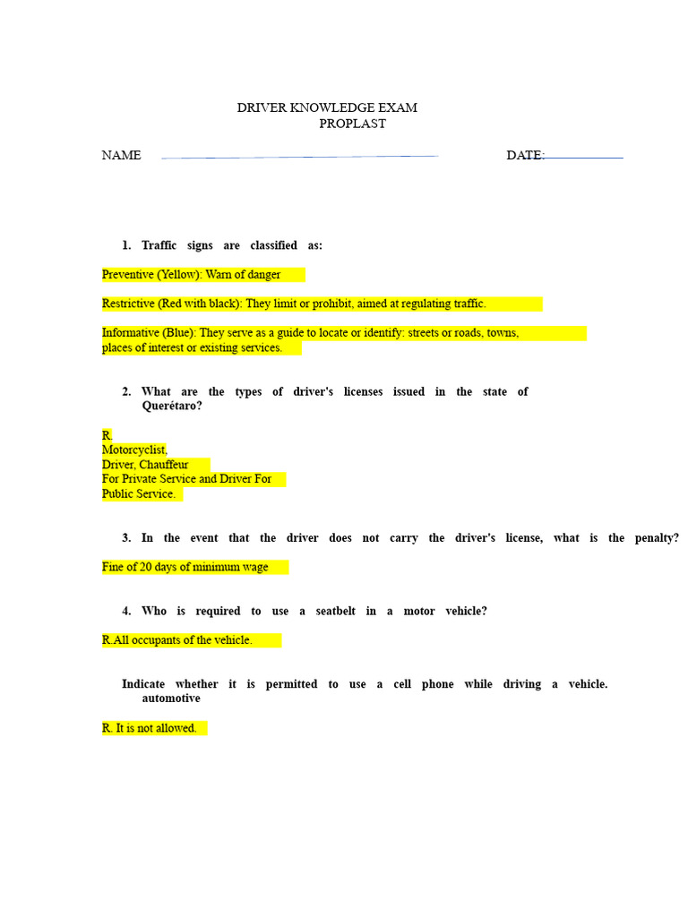 Driver Knowledge Exam Answers | PDF | Driver's License | Traffic