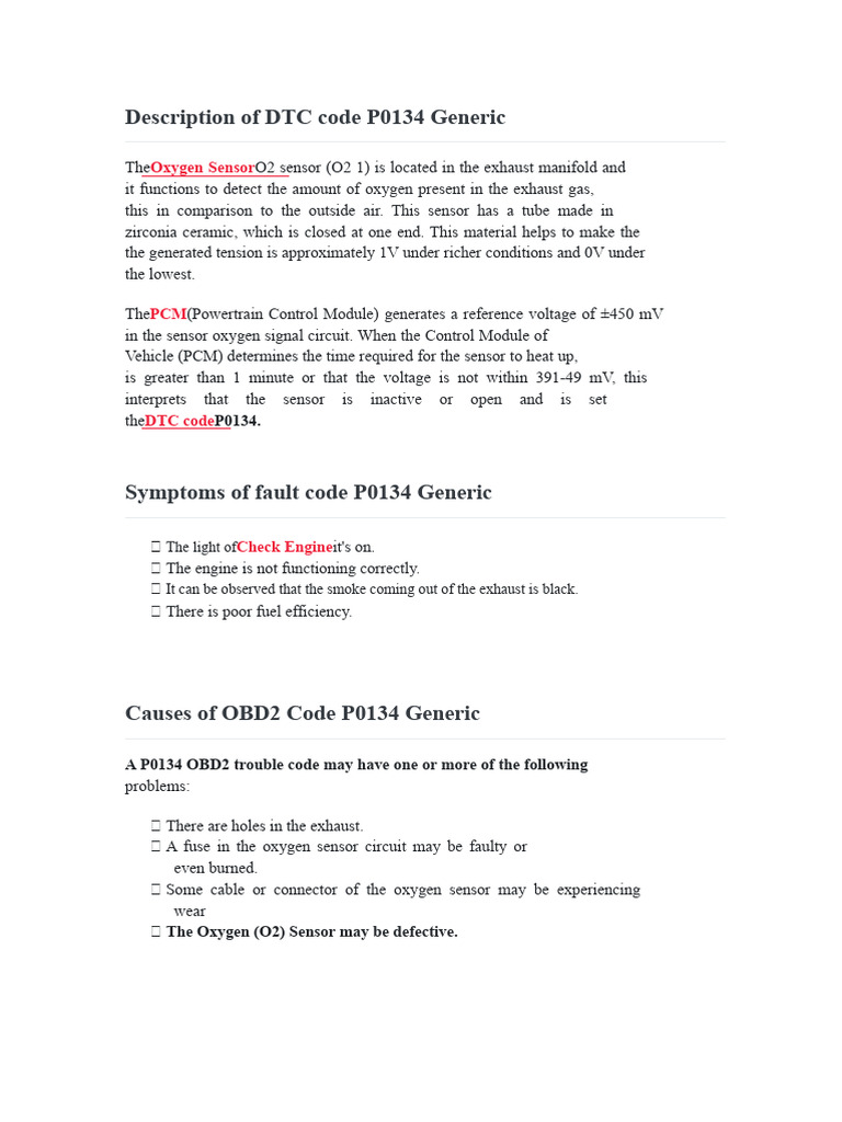 Description of The Generic DTC P0134 Code | PDF