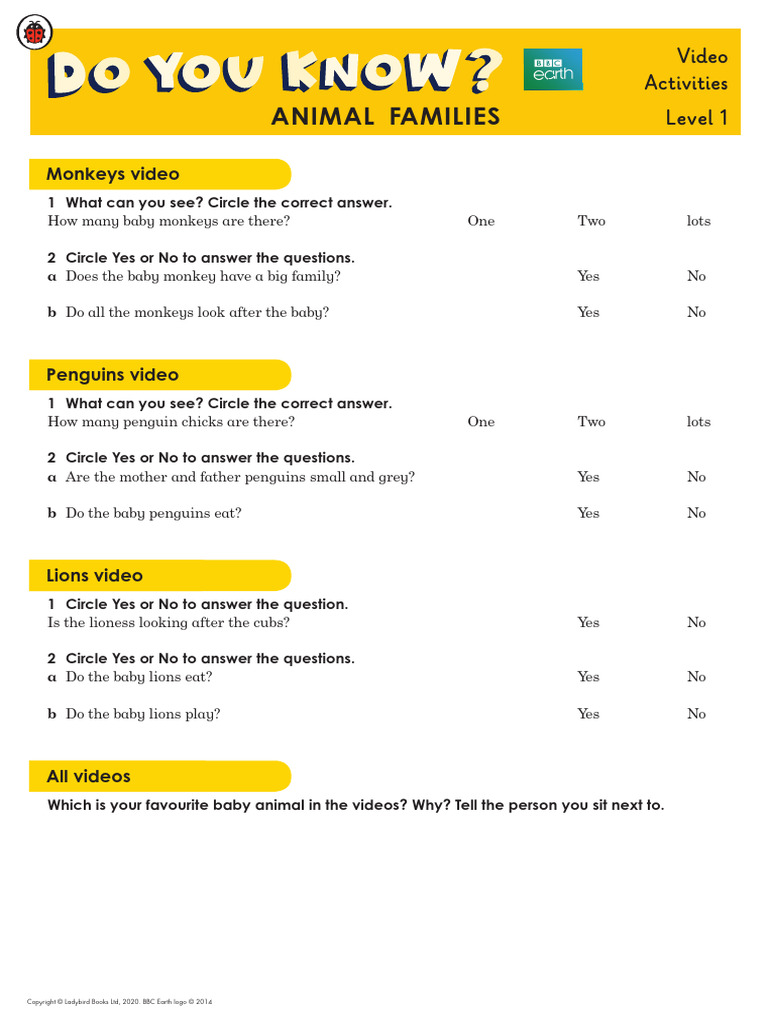 DYK BBC VideoActivities-L1 Animal-Families Online | PDF