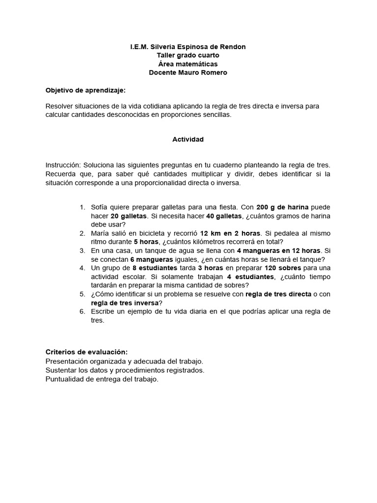 Taller Cuarto Regla de Tres | PDF