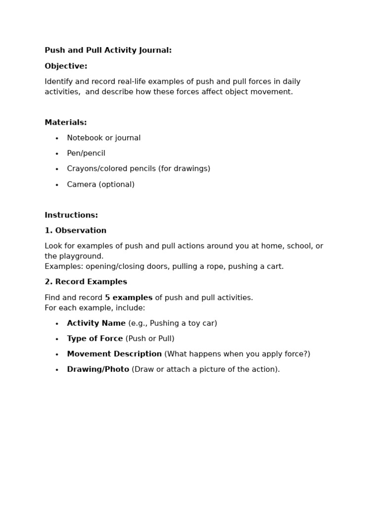 Push and Pull Forces Activity Journal | PDF