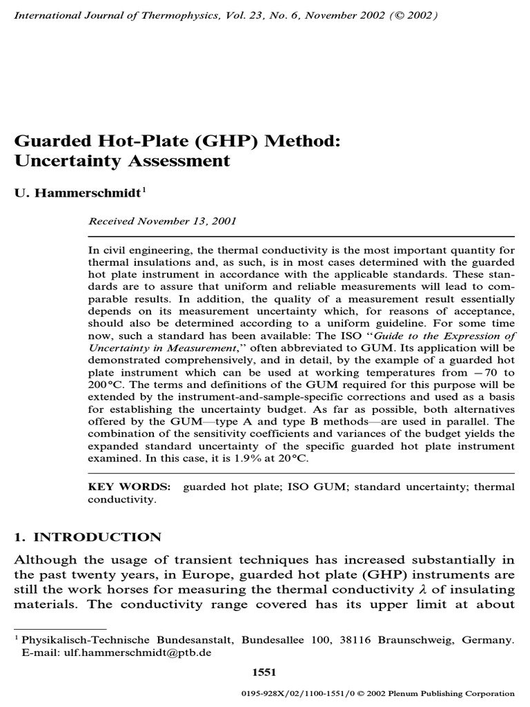 Guarded Hot-Plate (GHP) Method: Uncertainty Assessment: U ...