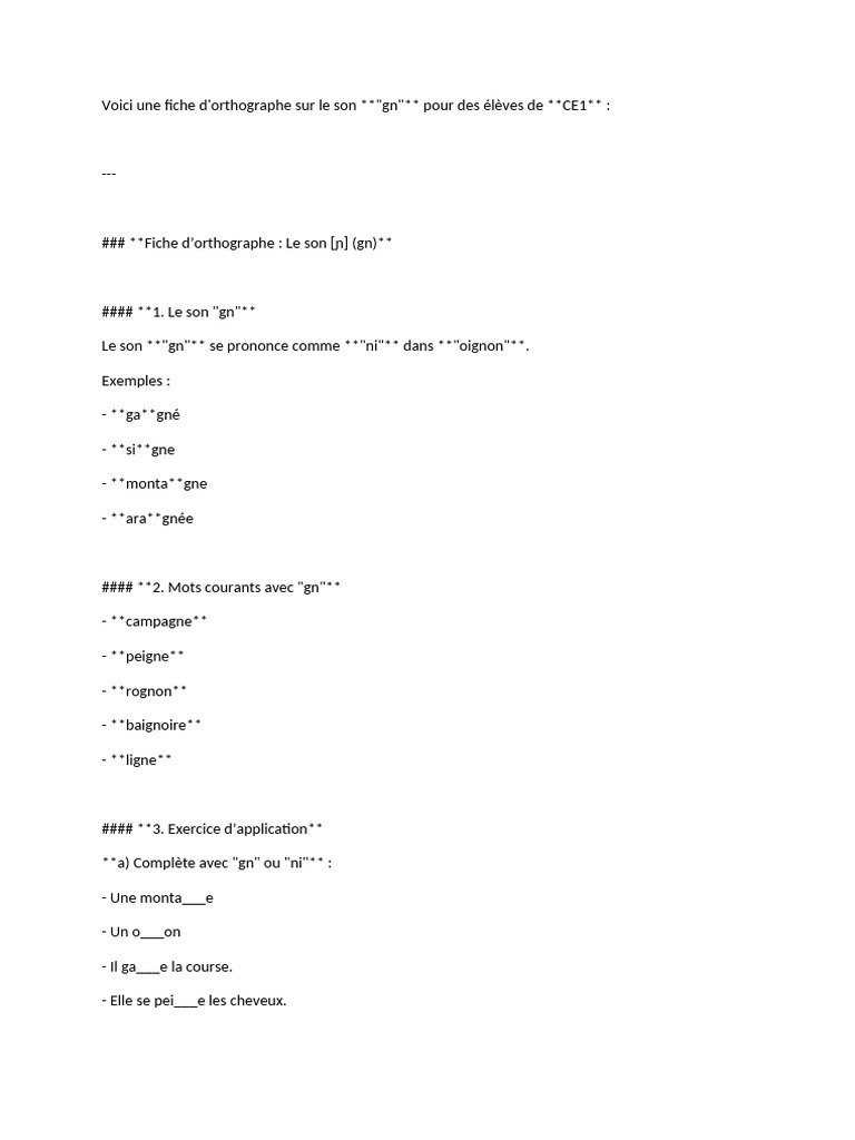 Fiche d'orthographe : le son "gn" CE1 | PDF