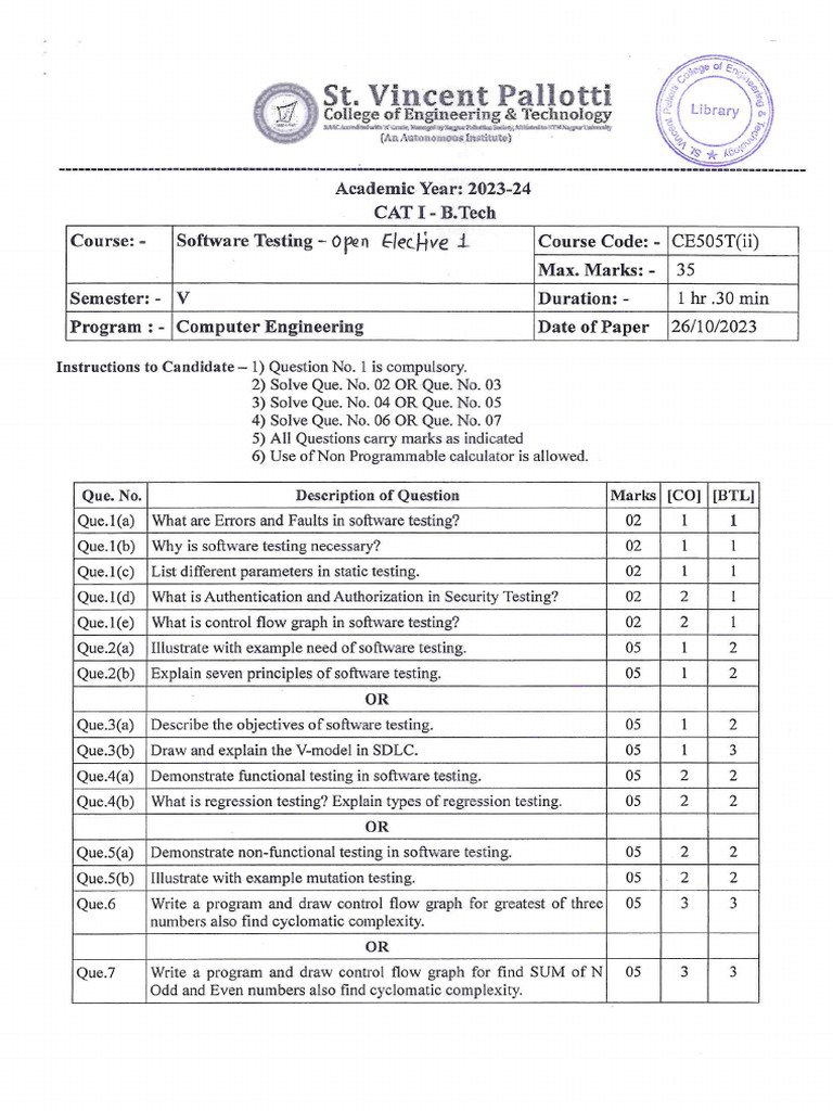 Fifth Sem Cat 1 Computer Engineering 2023-24 | PDF
