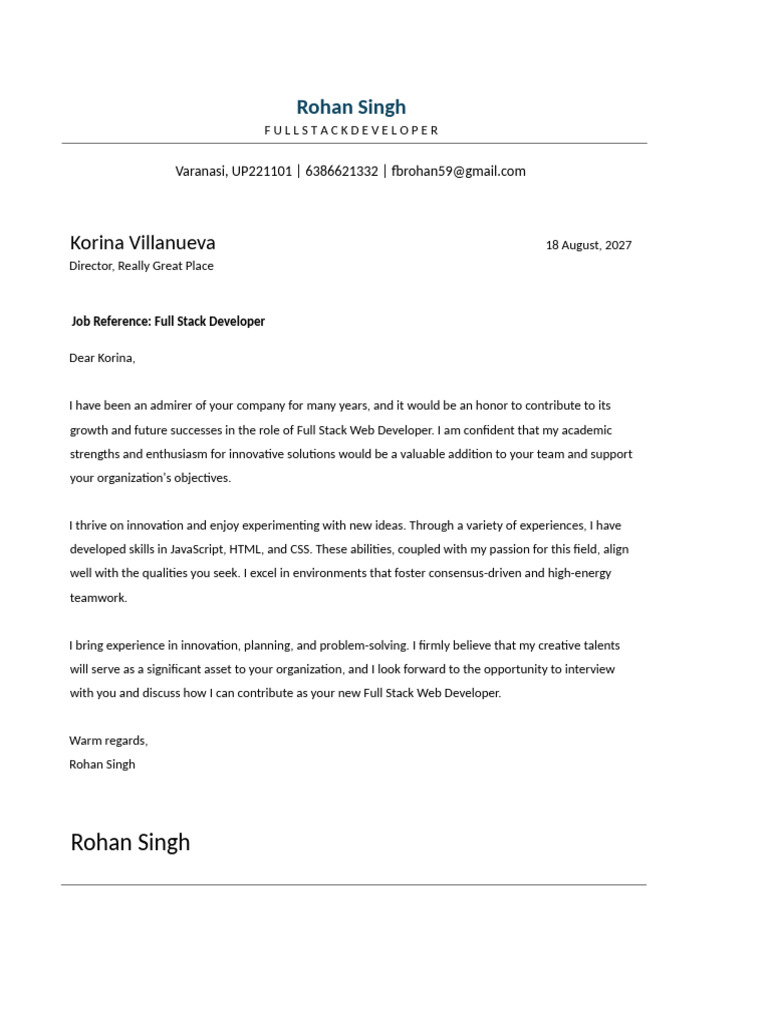 Cover Letter Rohan | PDF