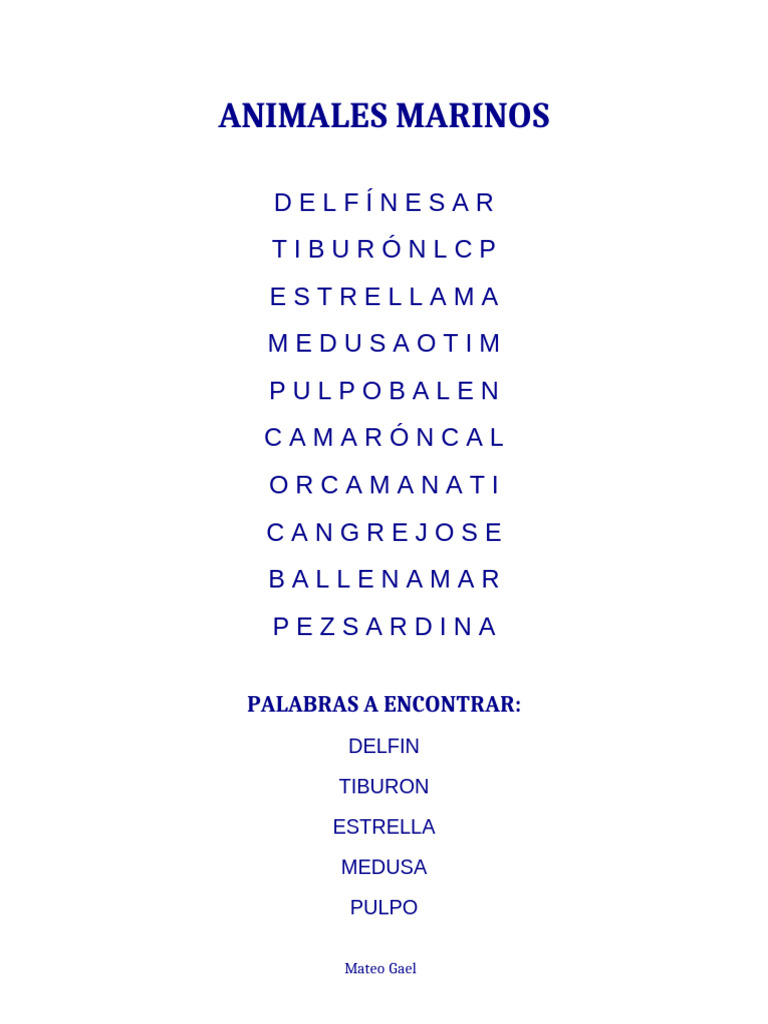 Sopa de Letras Animales Marinos Mateo Gael | PDF