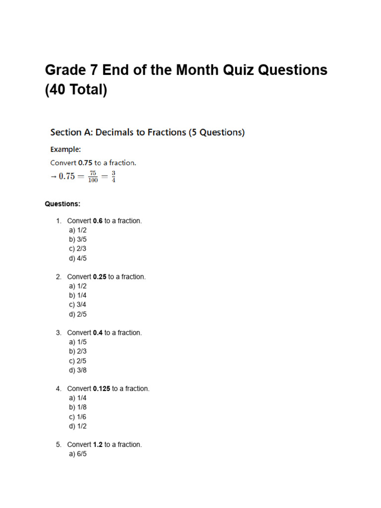 Grade 7 Monthly Math Quiz Questions | PDF | Area | Density