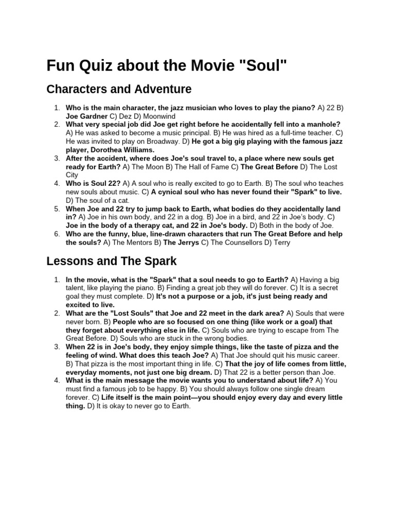 Soul Movie Quiz: Characters & Lessons | PDF