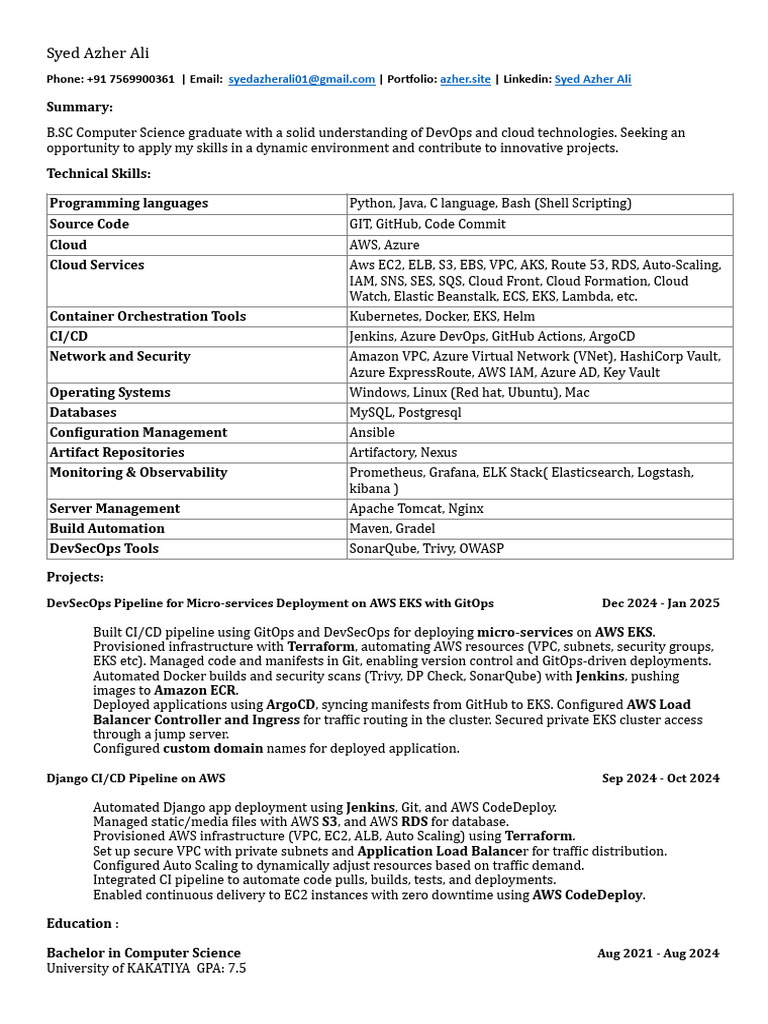 Syed Azher Ali AWS Devops Engineer | PDF | Amazon Web Services | Cloud ...