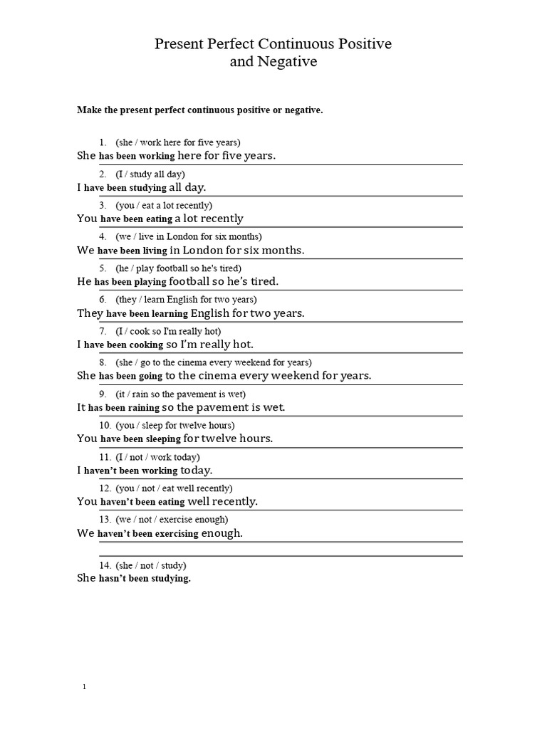 Present Perfect Continuous Form Positive and Negative | PDF