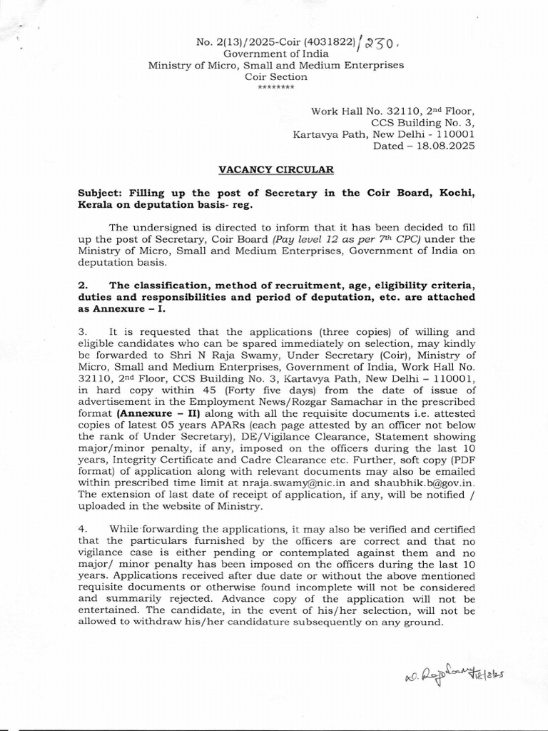 Secretary Coir Board On Deputation | PDF